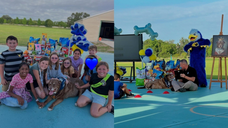 Ecoliers et instituteurs rendent hommage à un chien de thérapie prenant ...